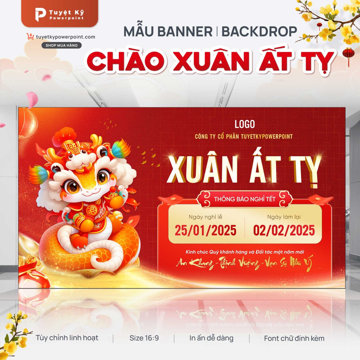 Mẫu Banner/Poster Thông báo Nghỉ Tết Ất Tỵ | Tuyệt kỹ Powerpoint
