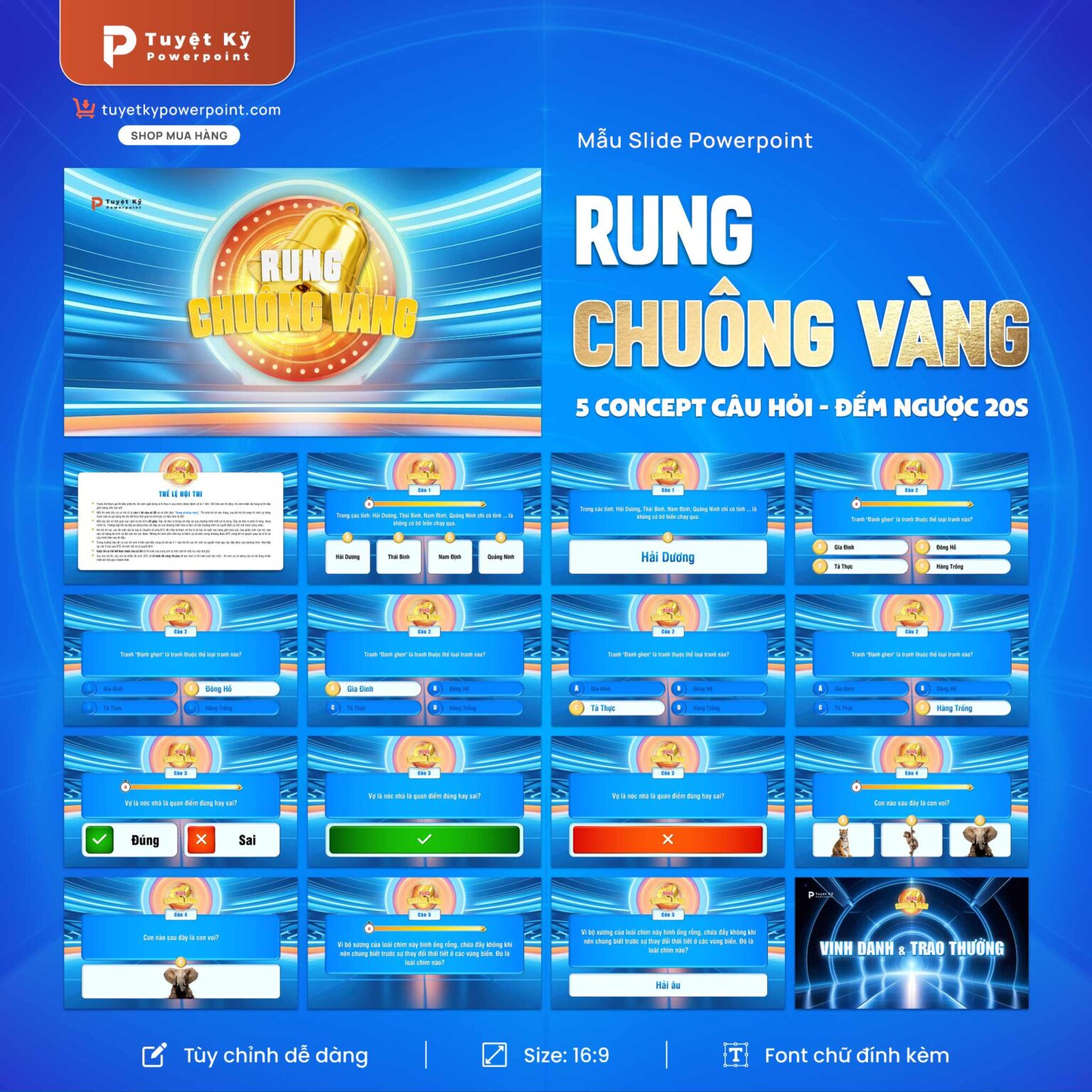 Mẫu slide Quiz Đố Vui Rung Chuông Vàng (Đếm ngược 20s) [Ver4] | Tuyệt kỹ Powerpoint